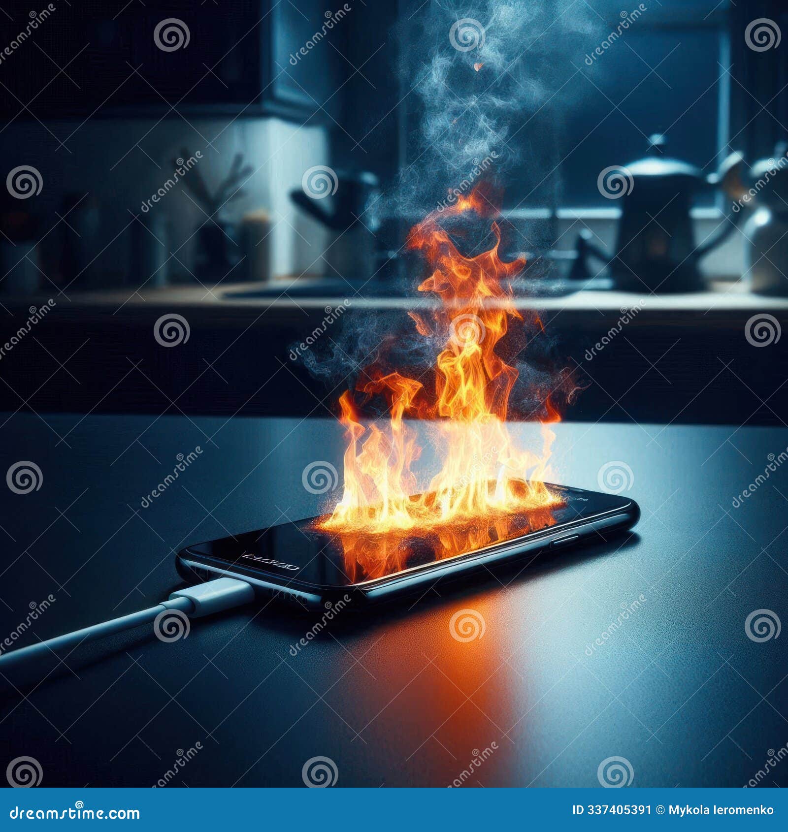 Burning Smartphone With Flames Coming Out Of The Screen While Charging ...