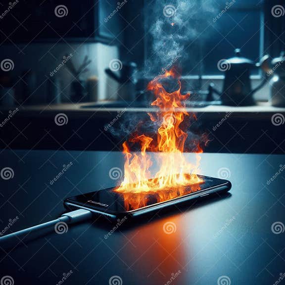Burning Smartphone with Charging Cable in Front of Kitchen Background ...