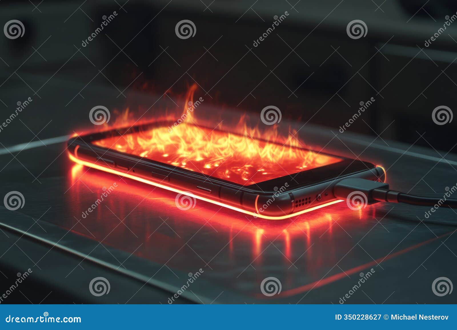 Burning Smartphone Charging on Metal Table Represents Danger of ...