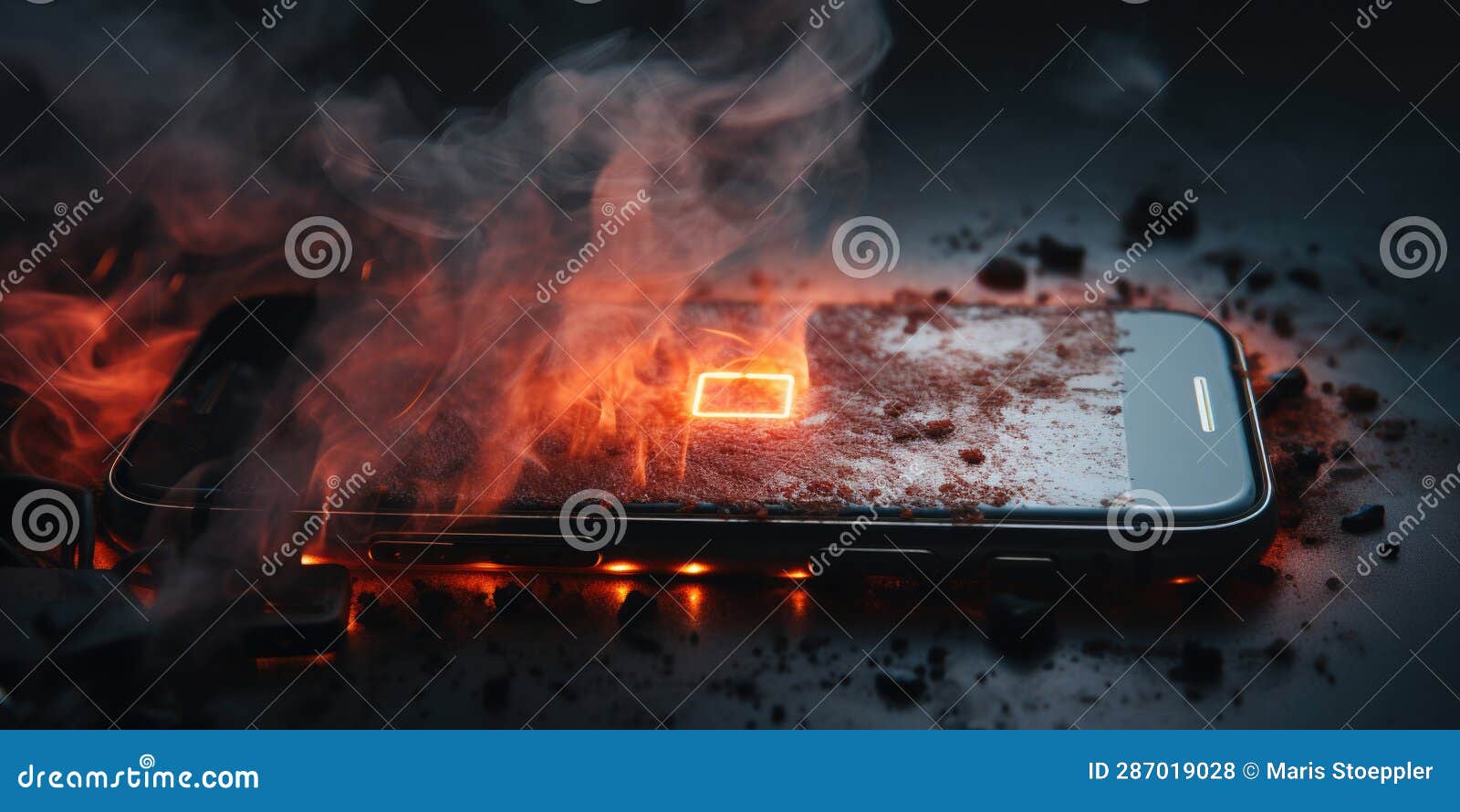 Burning Smartphone Exploding after Overcharging Battery with Flames and ...