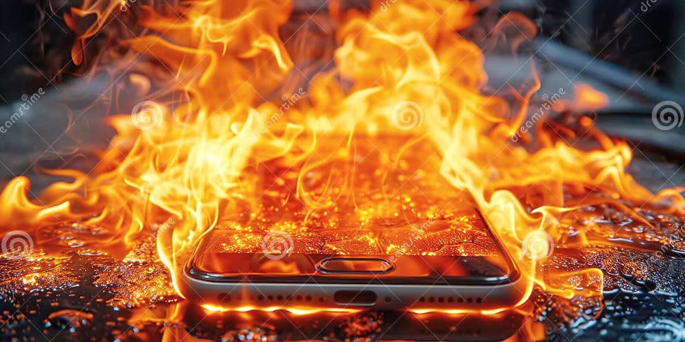 Burning Smartphone Exploding after Overcharging Battery with Flames and ...