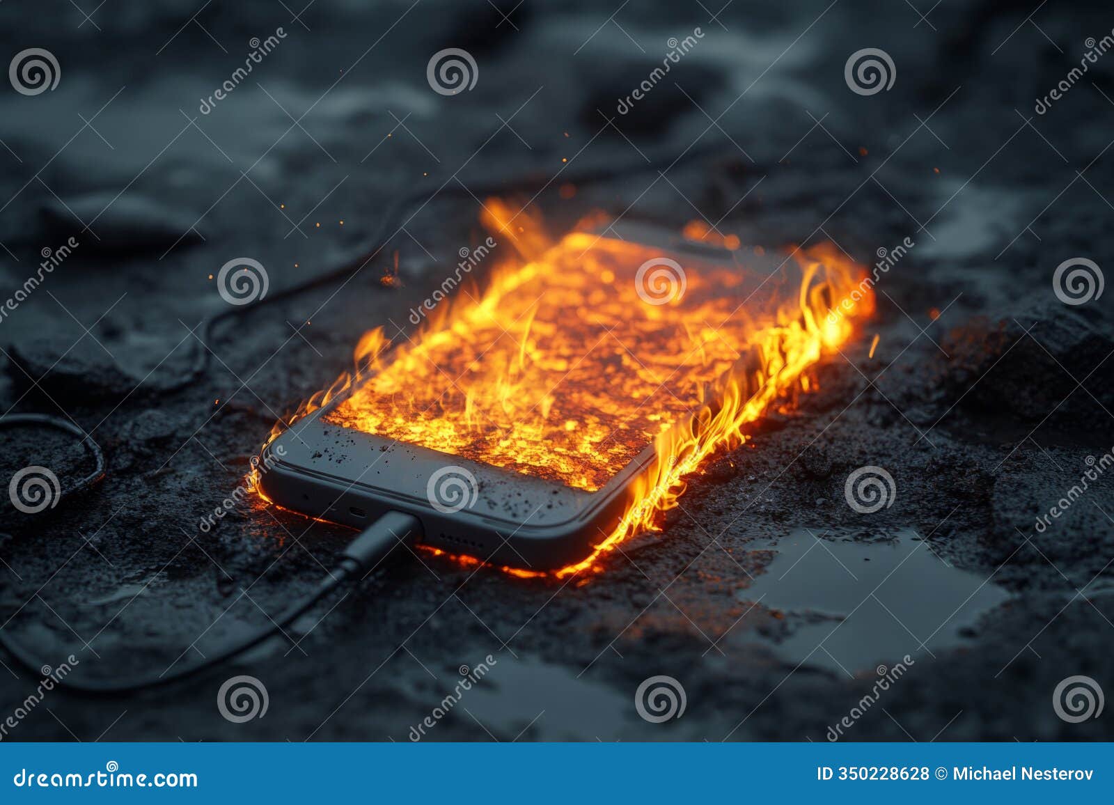 Burning Smartphone With Flames Coming Out Of The Screen While Charging ...