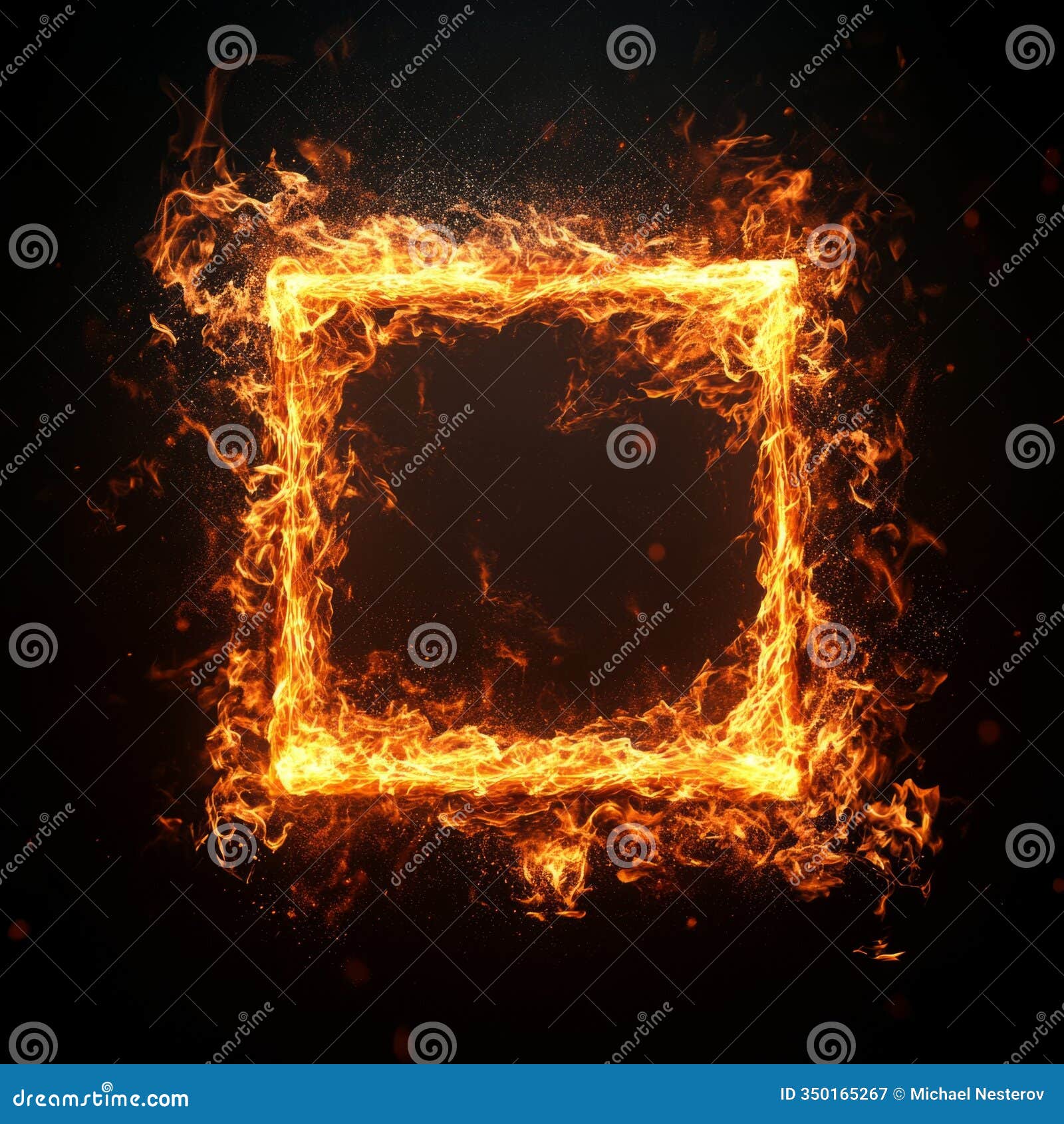 Burning Square Frame on Black Background with Sparks and Flames. Copy ...