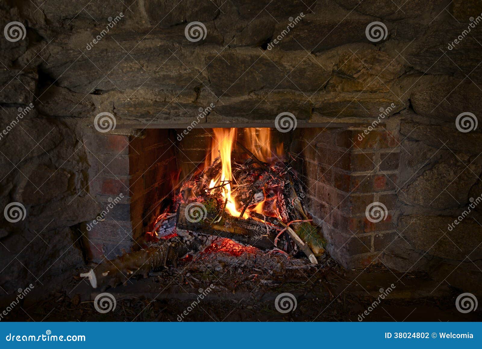 Burning Stone Fireplace stock photo. Image of wood, vintage - 38024802