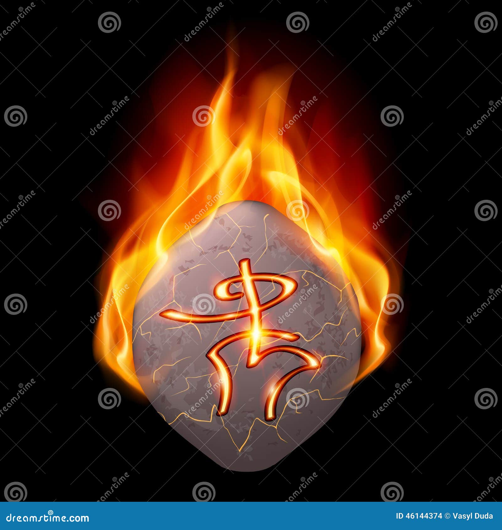 Burning Stone with Magic Rune Stock Vector - Illustration of fire ...