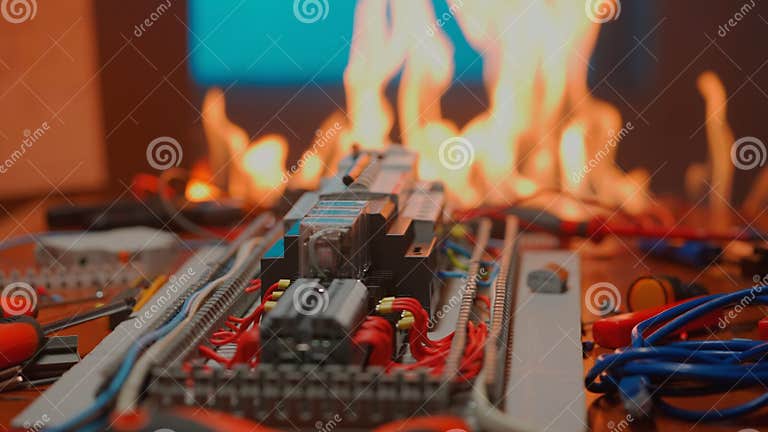Burning Switchboard from Overload or Short Circuit. Circuit Breakers on ...