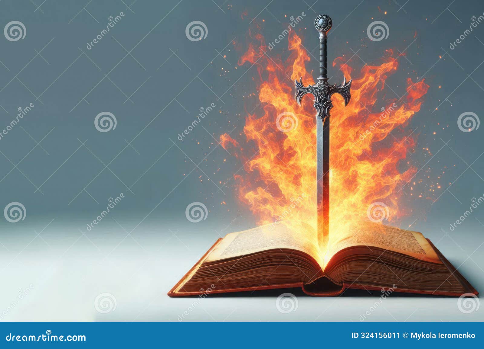 A Burning Sword Over an Old Book. Space for Text. Stock Image - Image ...