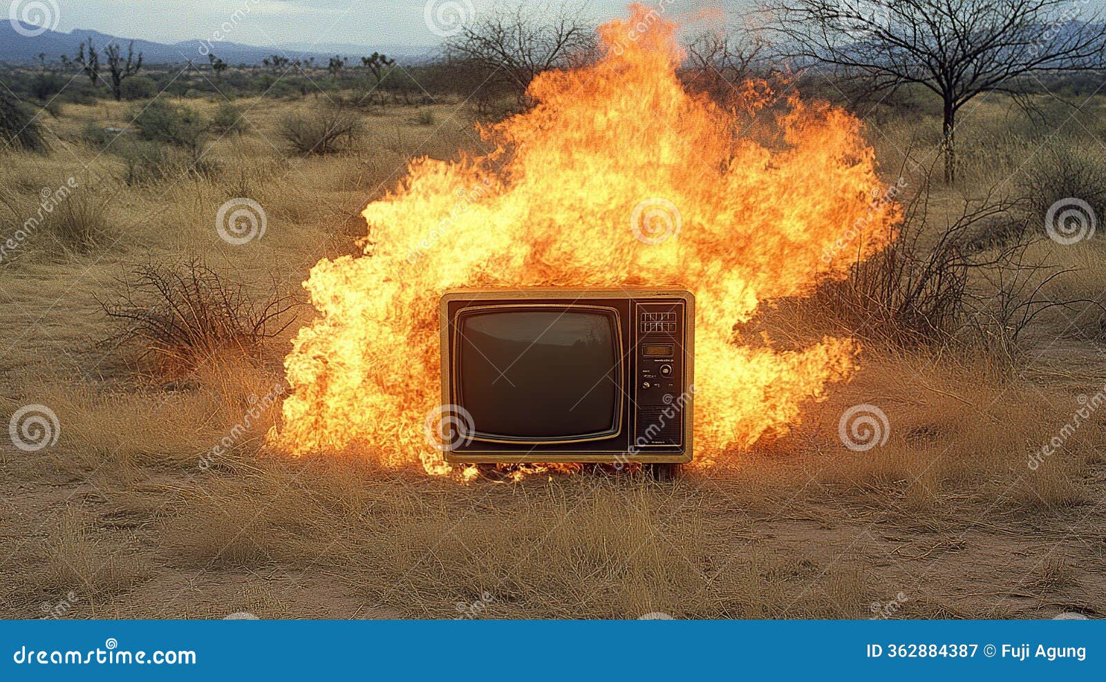 Burning Television in Desert Landscape Stock Illustration ...