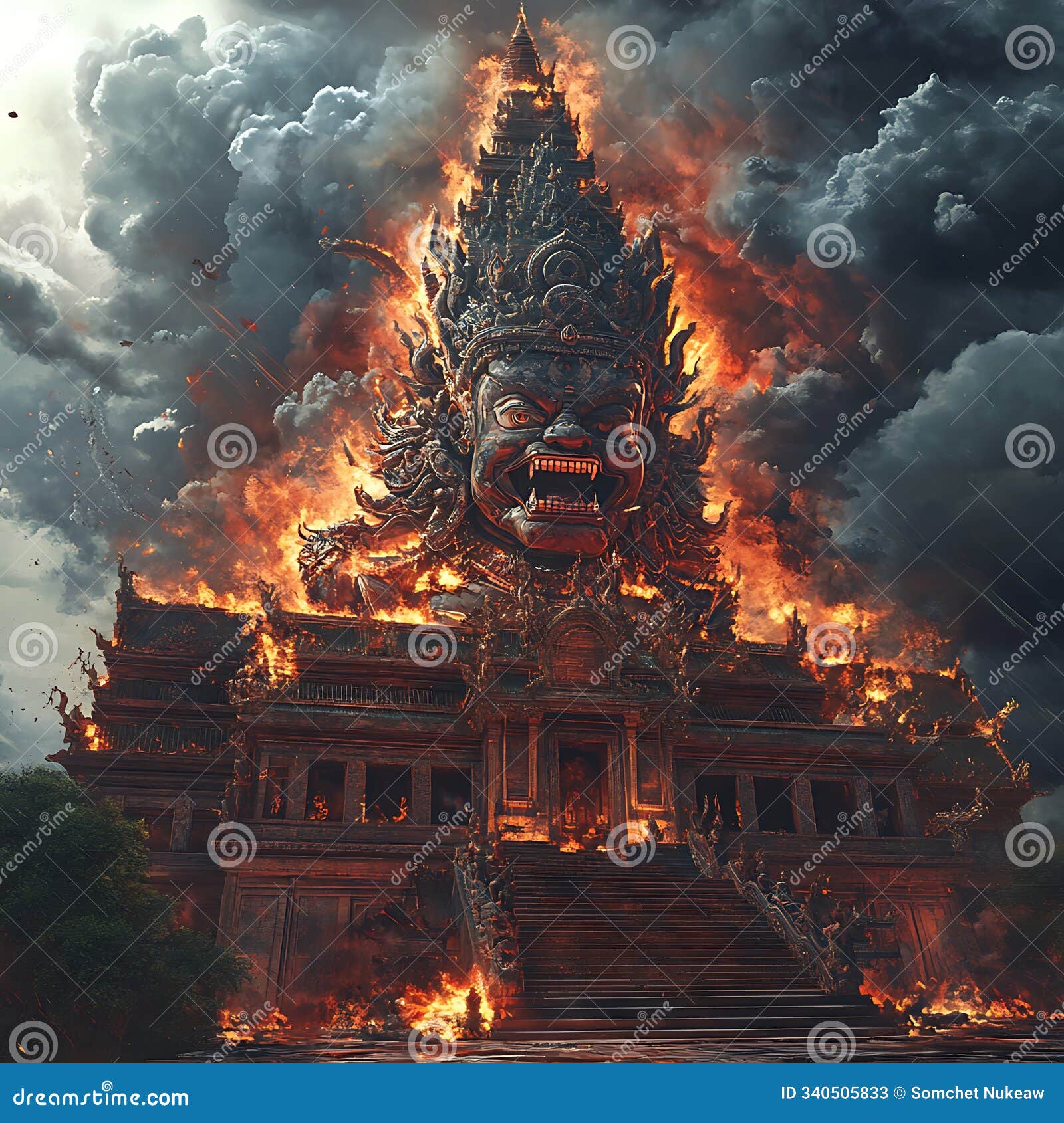 Burning Temple with Dramatic Clouds and Fire, Captivating Scenery Stock ...