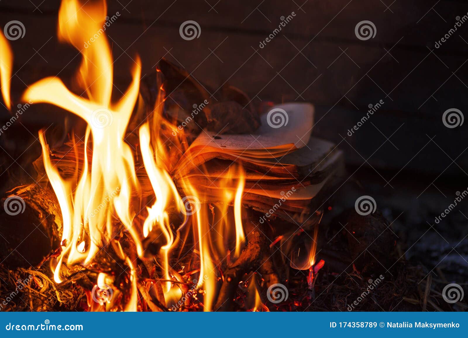 Burning Thoughts, News. Books in a Red Flame of Fire. Background from Burning Books.Burning ...