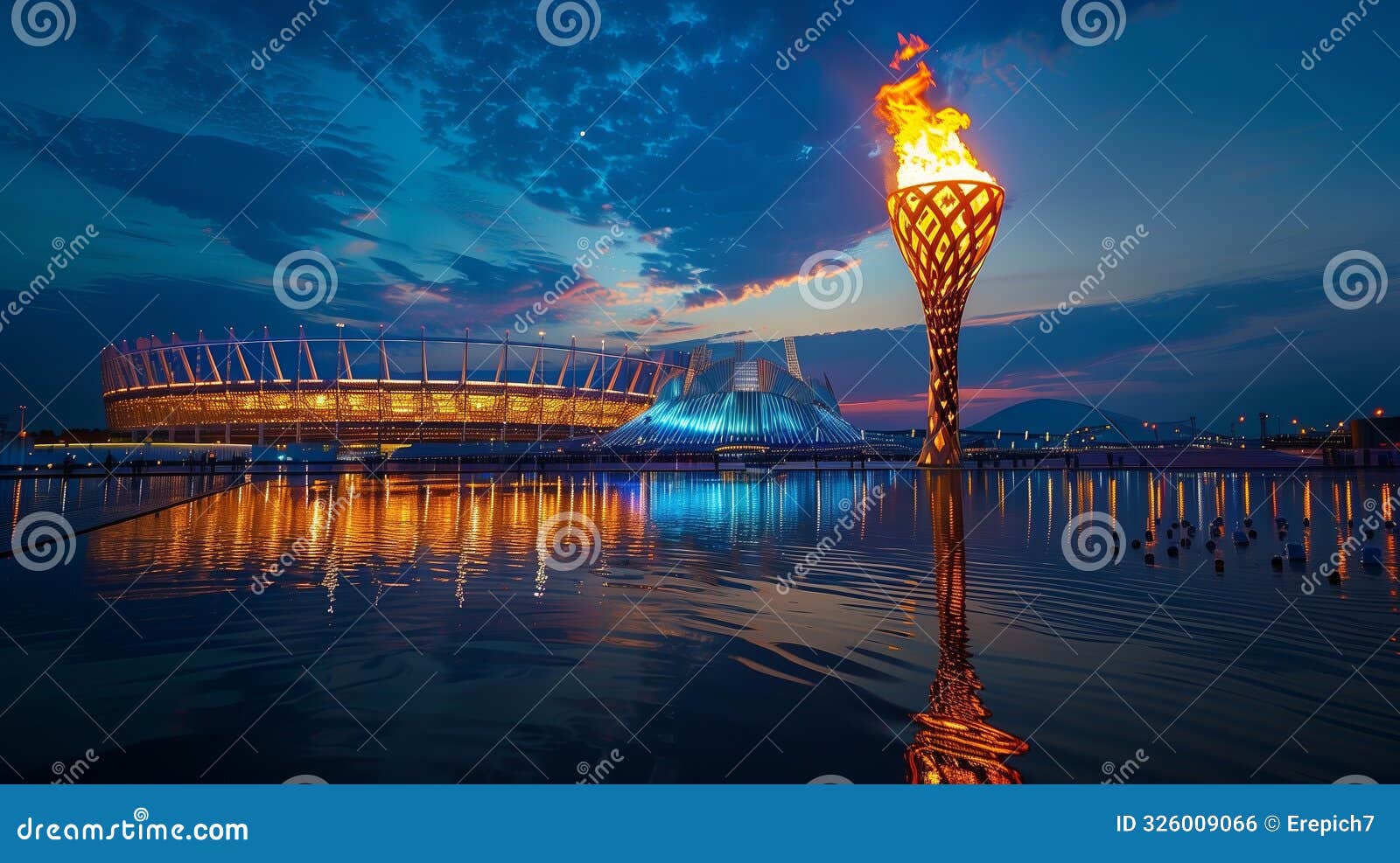The Burning Torch in Front of Olympic Stadium Stock Illustration ...