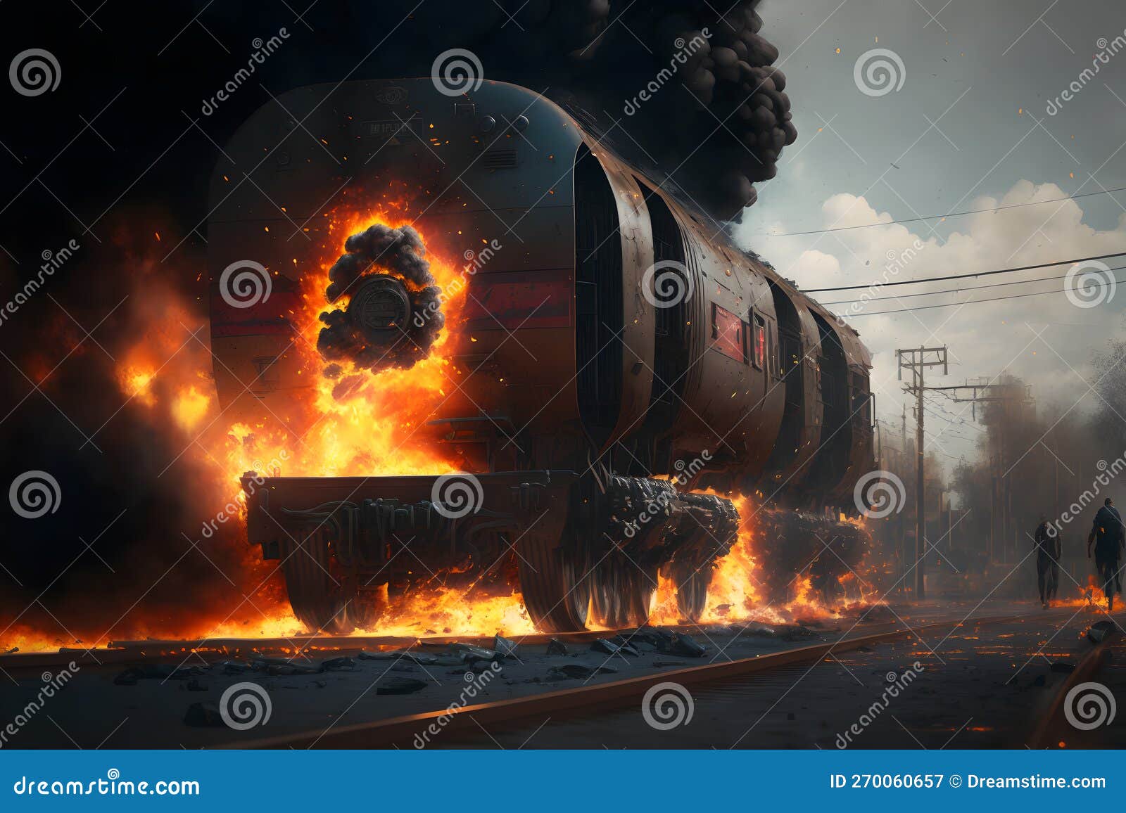 Burning Train Car On Fire Accident On Train Yard. Neural Network ...