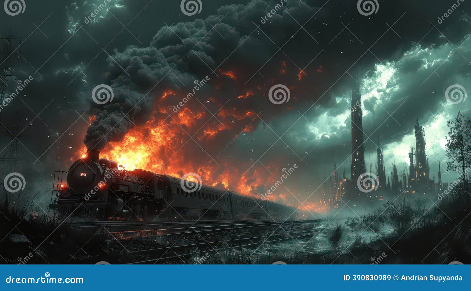 Burning Train Car On Fire Accident On Train Yard. Neural Network ...