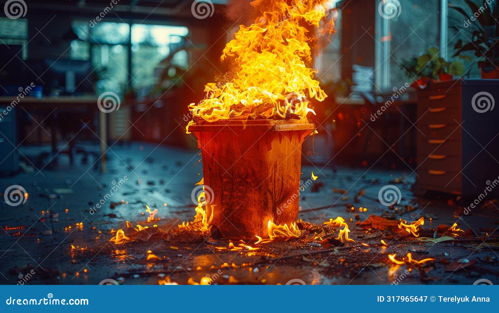 Burning Trash Can in Abandoned Office. Flaming Rococo Trash Bin in an ...