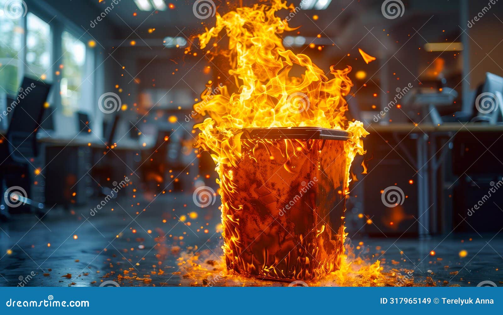 Burning Trash Can in Empty Office. Flaming Rococo Trash Bin in an ...