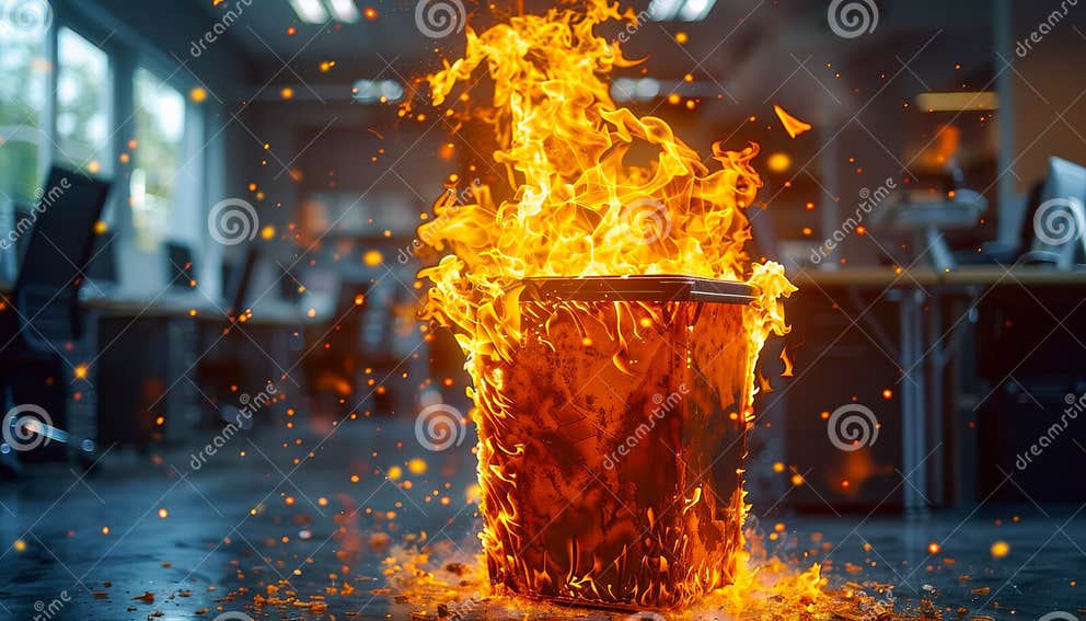 Burning Trash Can in Empty Office. Flaming Rococo Trash Bin in an ...