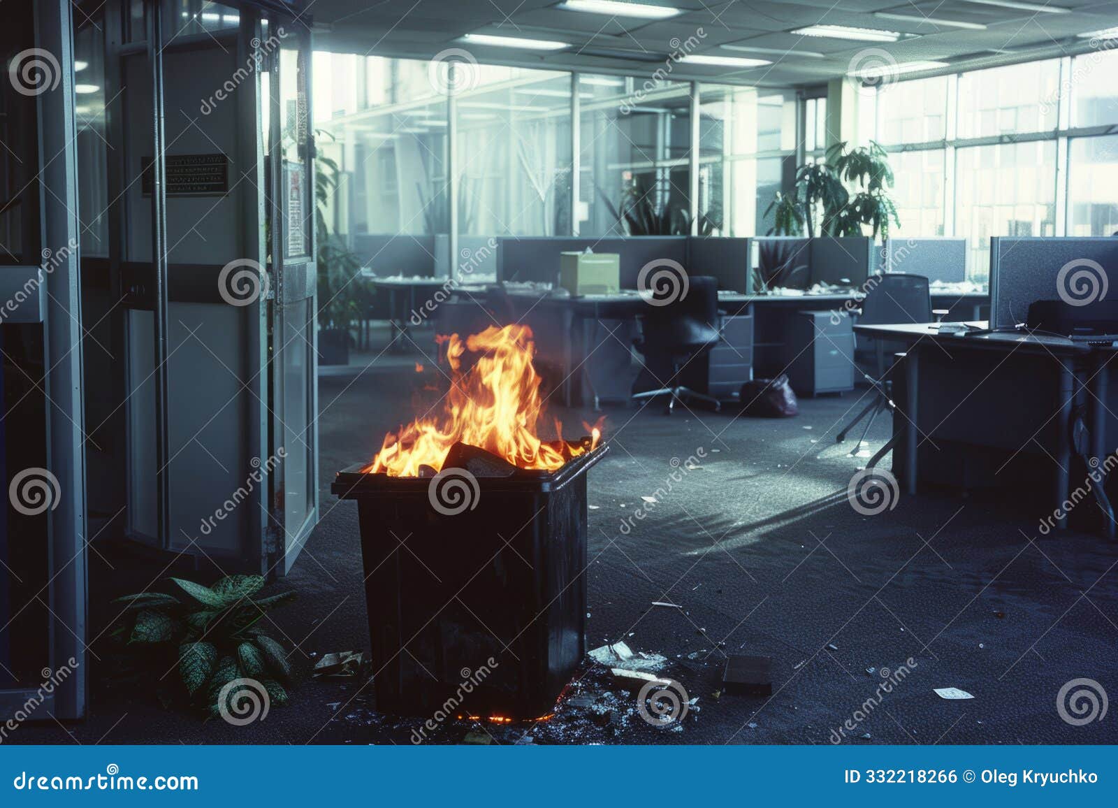 Burning Trash Can in a Modern Office Space. Conceptual Image Showing ...