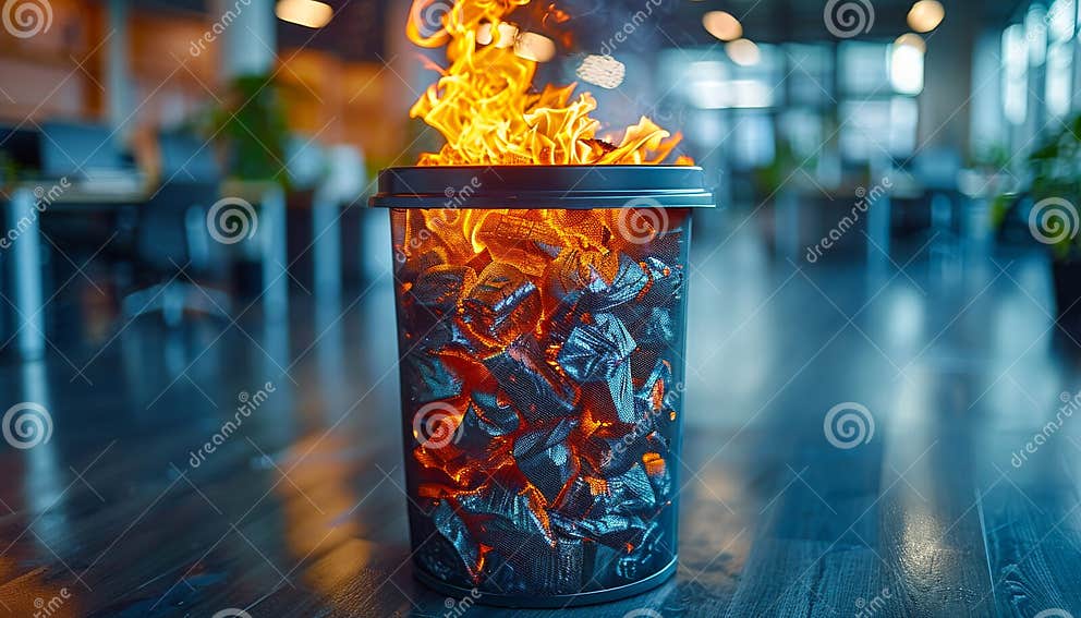 Burning Trash Can in Office. Black Waste Bin on Fire in an Office Stock ...