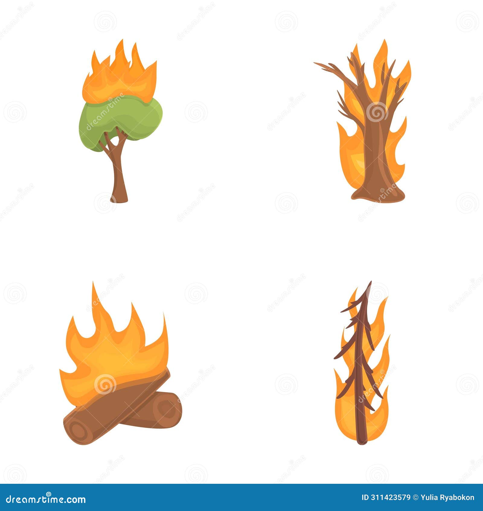 Burning Tree Icons Set Cartoon Vector. Burning Tree and Bonfire Stock ...