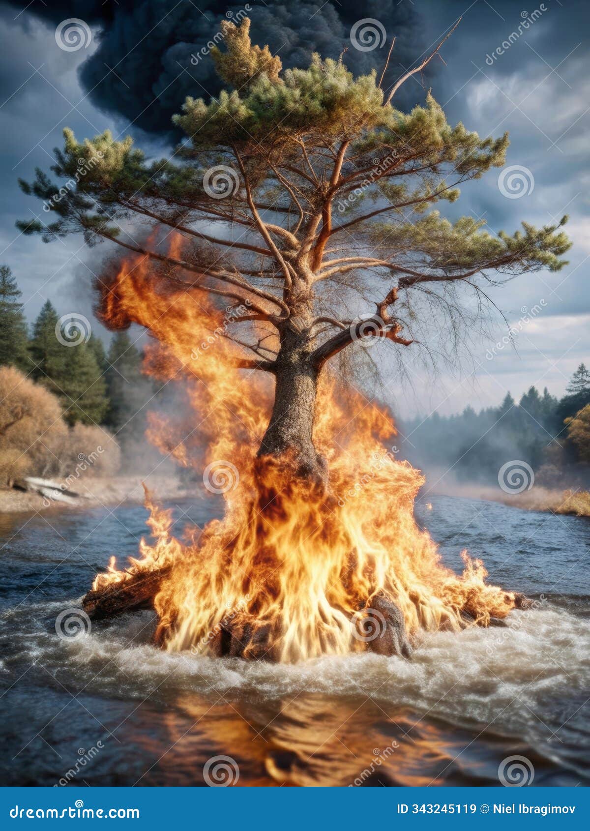 Burning Tree in River: Symbol of Contrast and Nature S Duality Stock ...