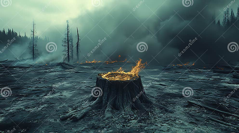 Burning Tree Stump in a Desolate, Smoky Forest after a Wildfire Stock ...