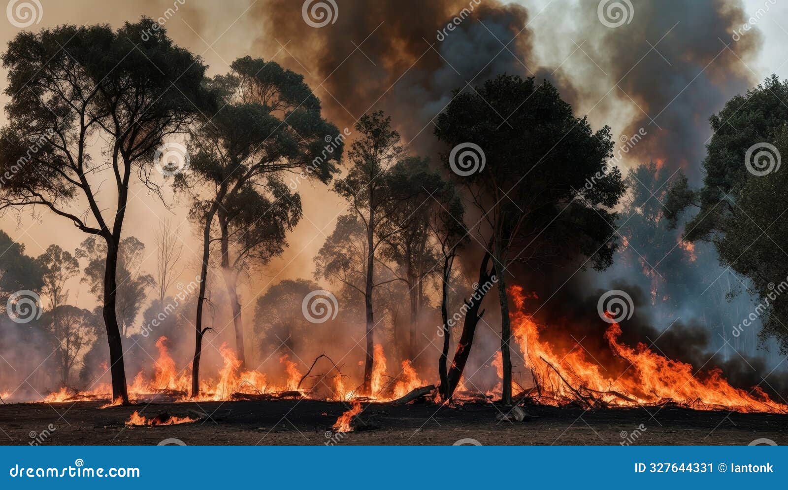 Forest Fire with Burning Trees and Heavy Smoke Stock Illustration ...