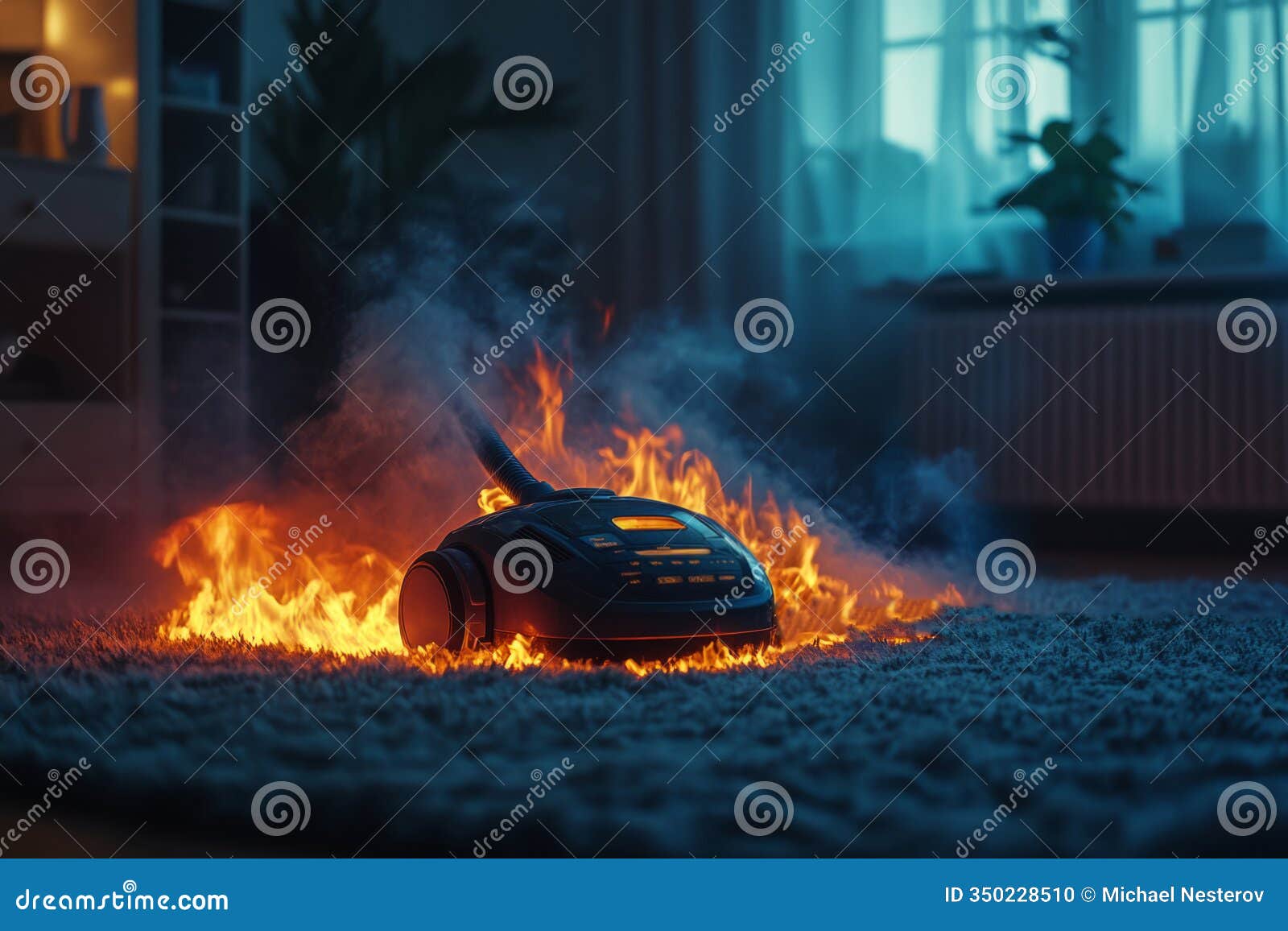 Burning Vacuum Cleaner on Carpet Causing Fire Hazard in House at Night ...