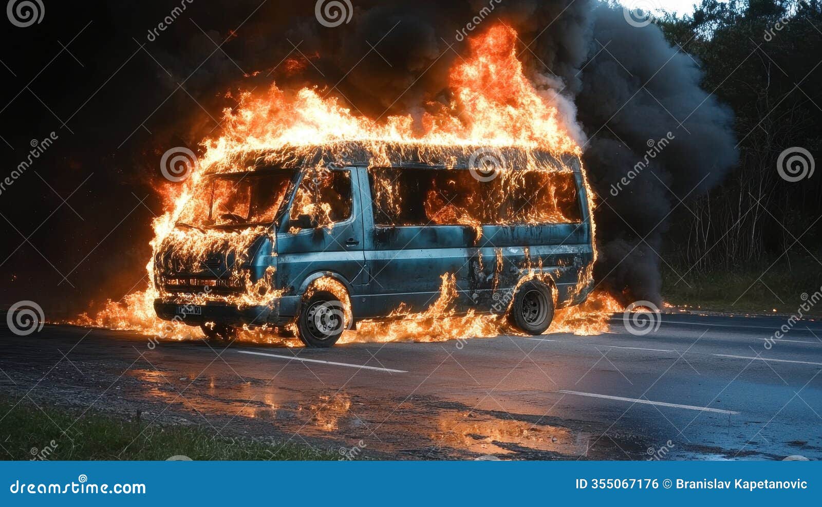 Burning Van Engulfed in Flames on a Road Stock Illustration - Illustration of heat, people ...