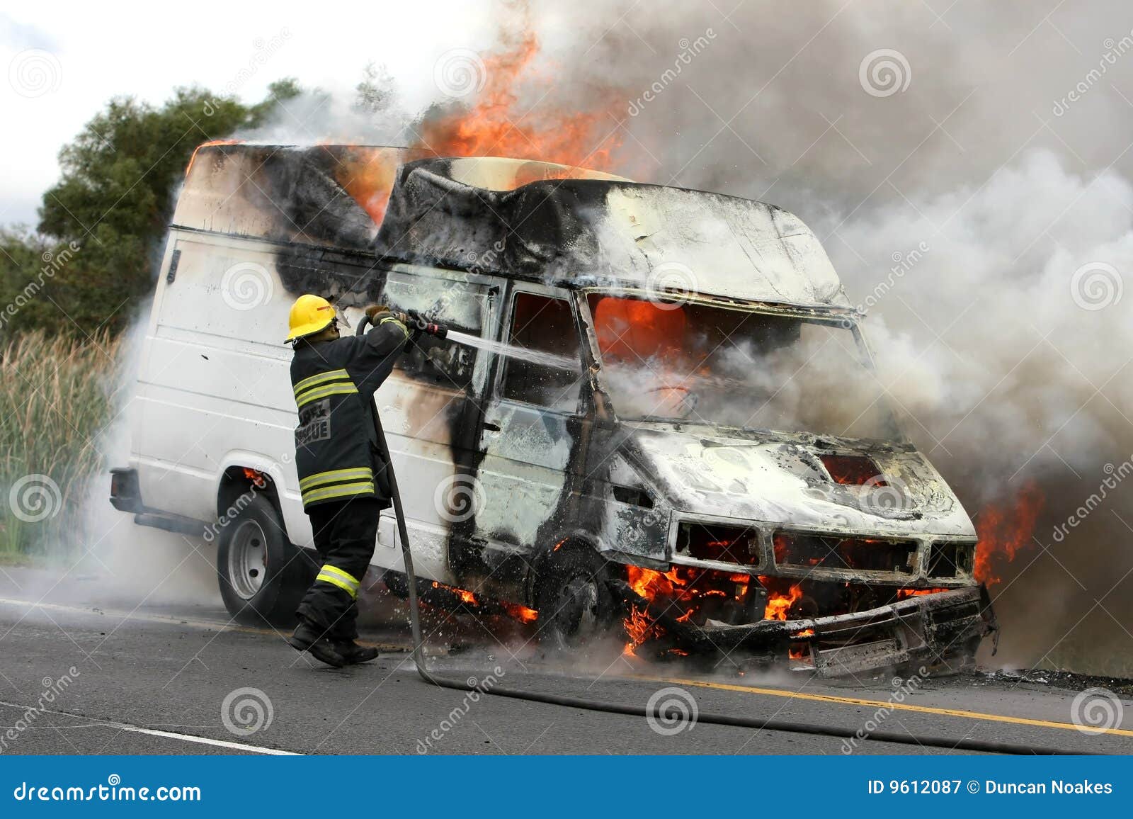 Burning Vehicle and Fireman Stock Image - Image of automobile, disaster ...