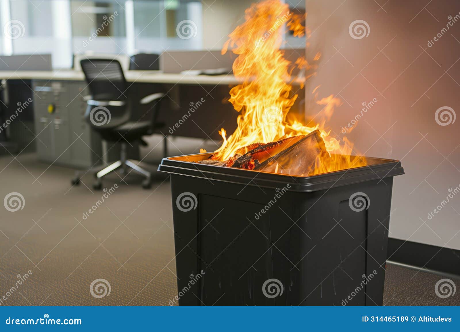 Burning Waste Bin Spreading Fire in Office Corner Stock Image - Image of flames, disaster: 314465189