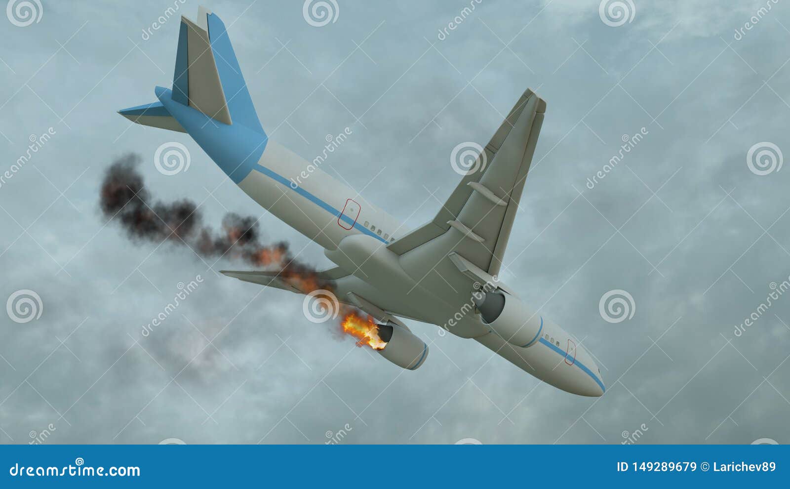Burning White Aircraft in the Sky before Crashing Down. 3D Illustration ...
