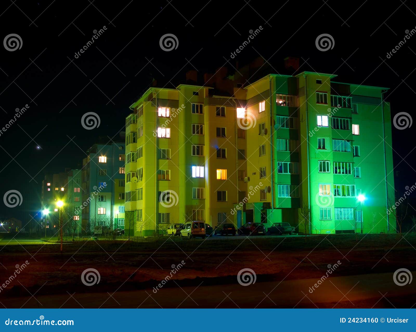 Burning Windows of a Night Building Stock Photo - Image of outdoor ...
