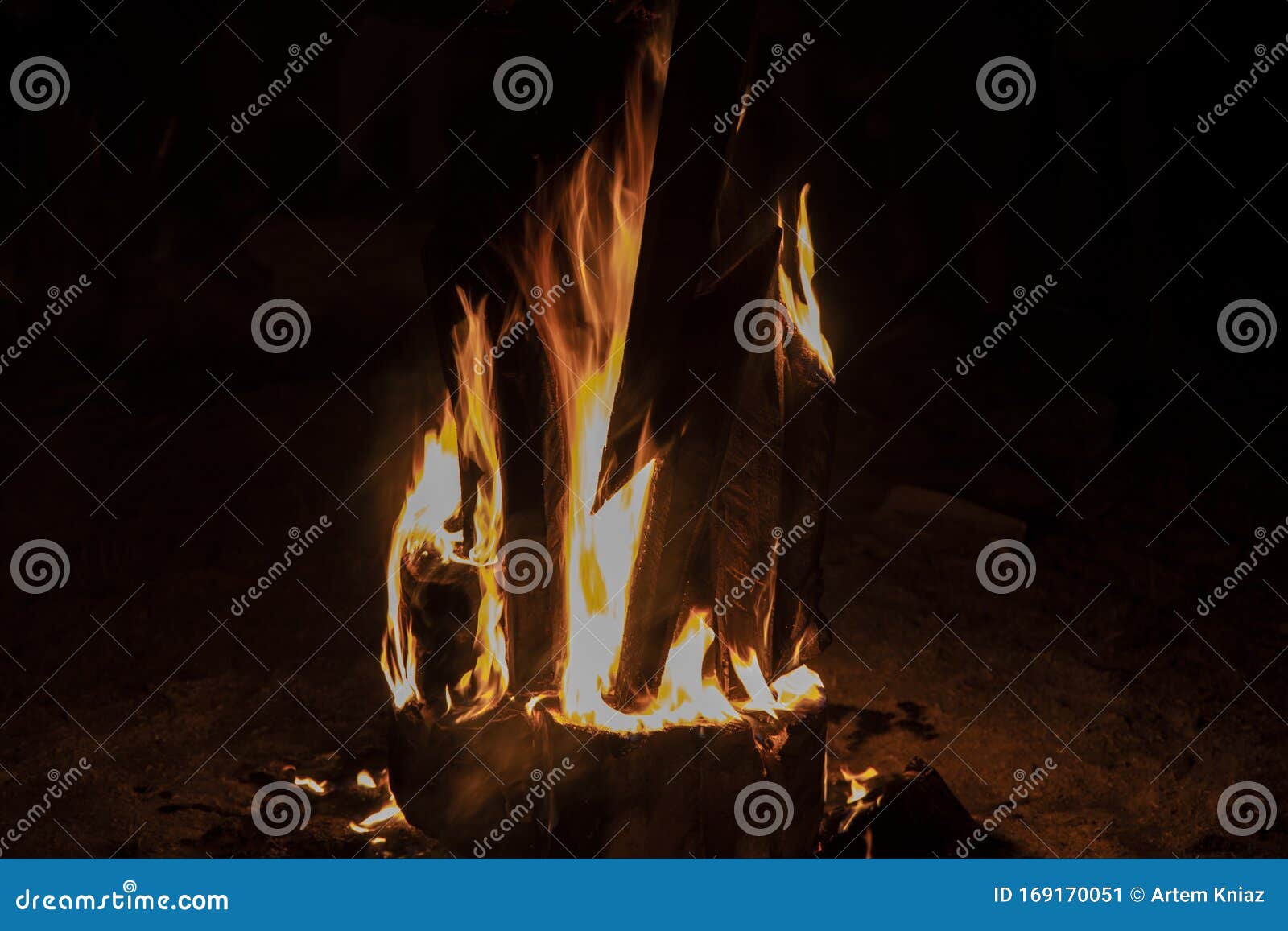 Burning Wood Camp Fire Flame at Night Stock Image - Image of burned ...