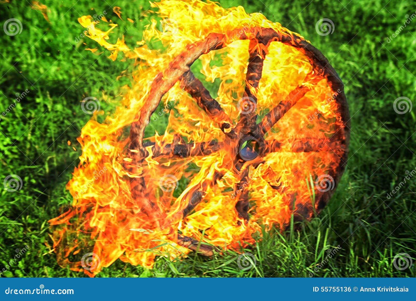 Burning Wooden Wheel Rolling Stock Photo - Image of closeup, garden ...