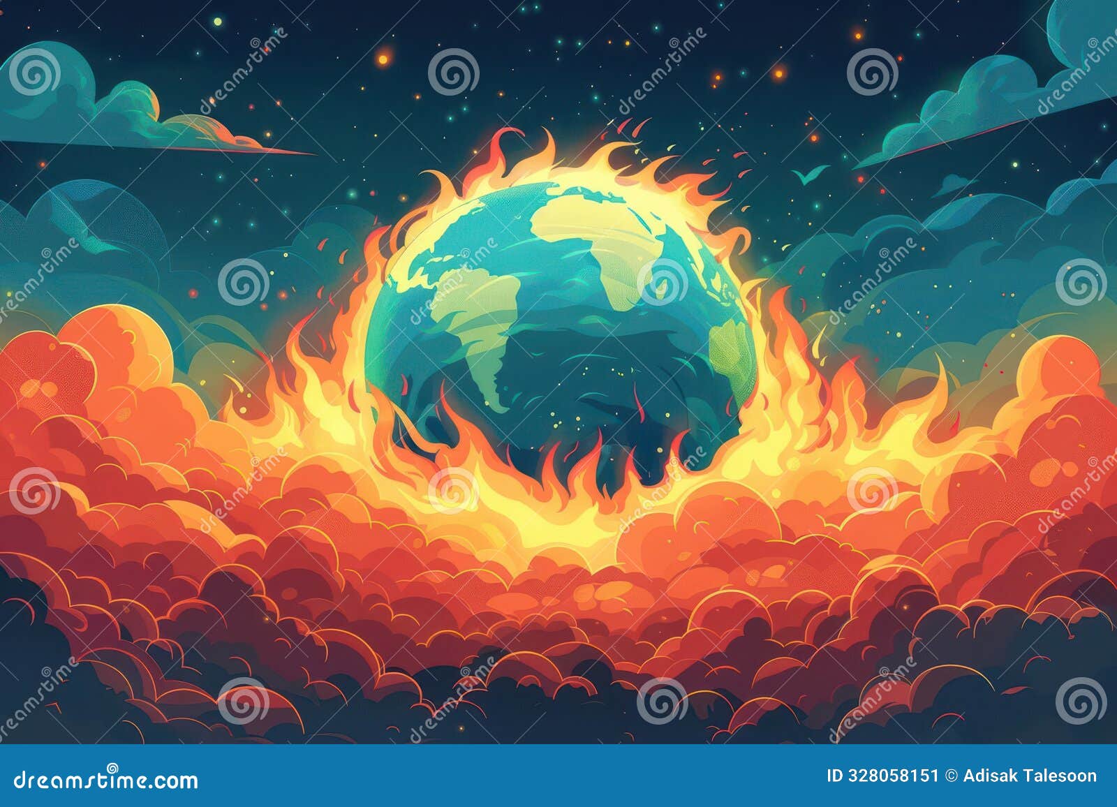 Burning World a Flat Illustration of Earth Engulfed in Flames, with a ...