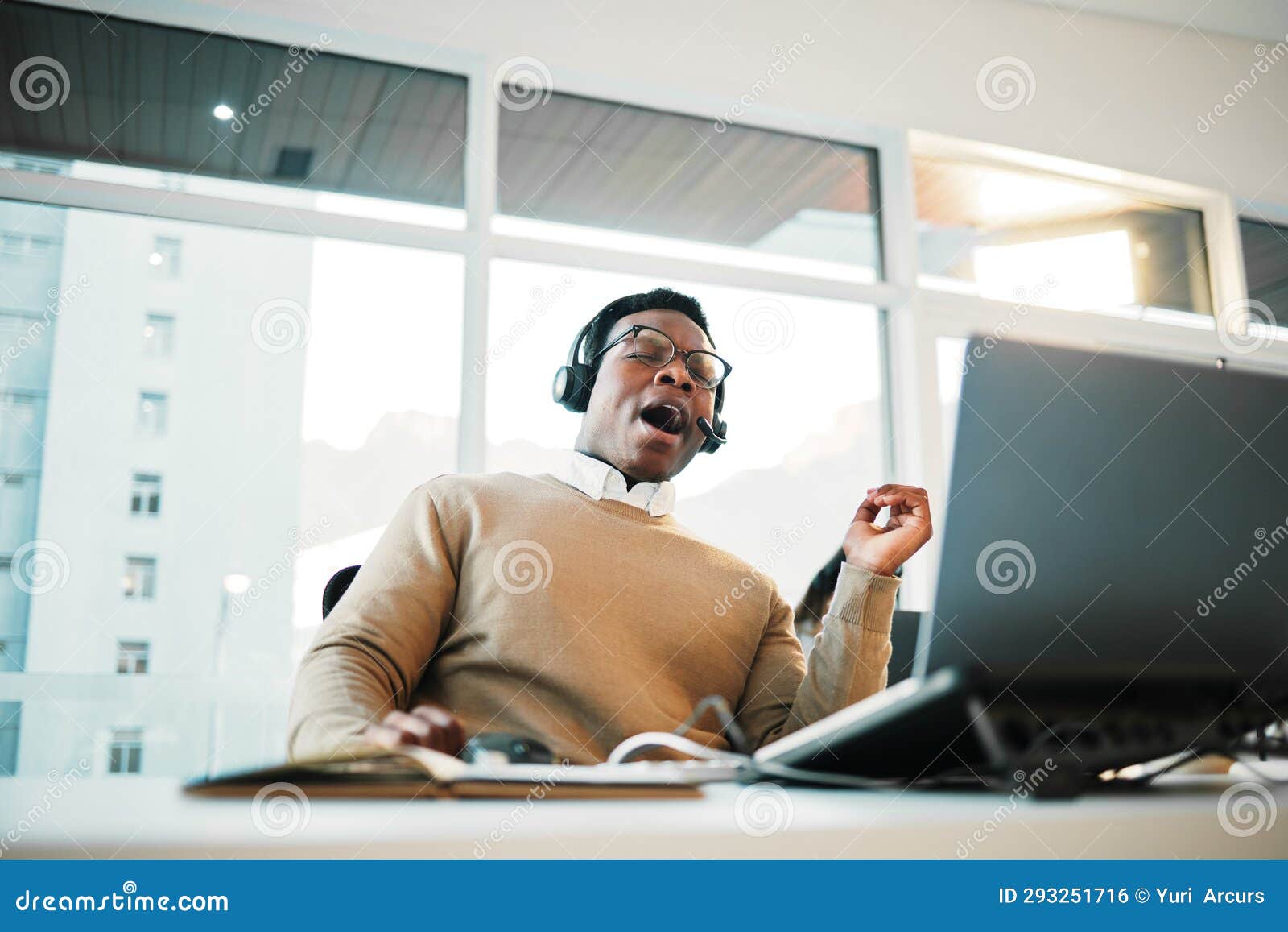 Burnout, Call Center and Tired Business Man Yawn in Office Consulting ... Burnout, Call Center and Tired Business Man Yawn in Office Consulting ...