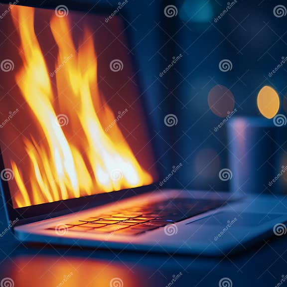 Burnout at the Desk Concept Laptop Screen Displaying Flames in a Dark ...