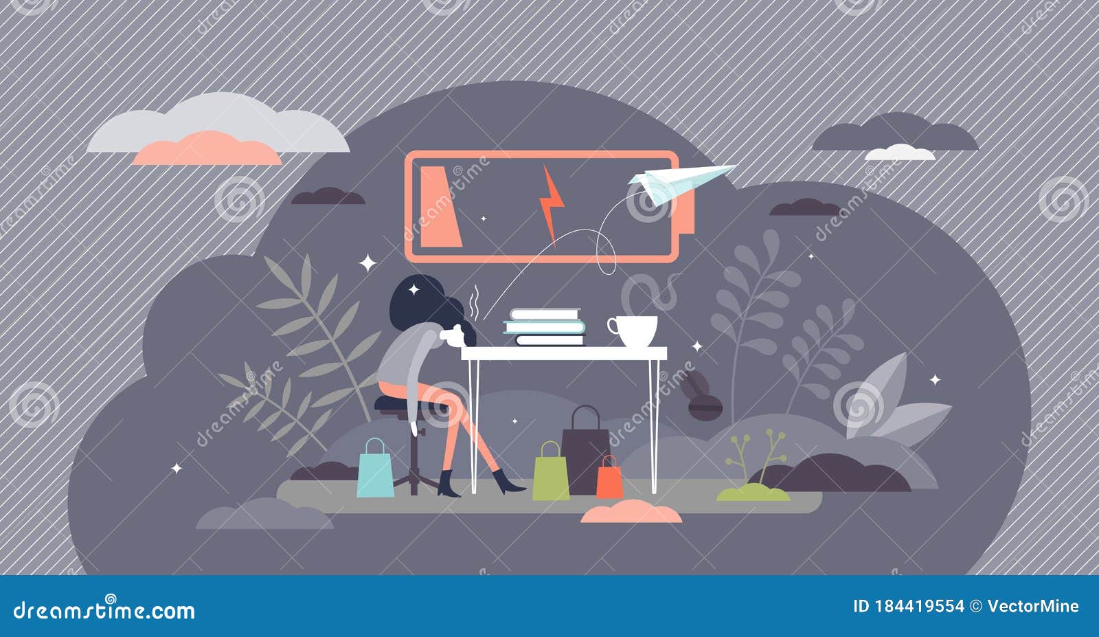 Burnout Female Vector Illustration. Low Energy Workplace Tiny Person ...