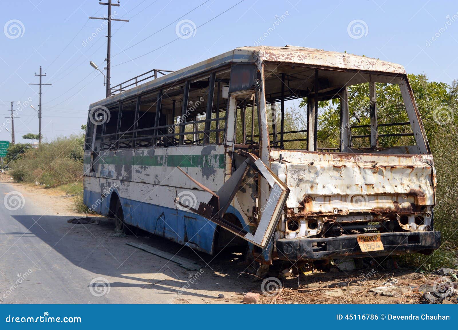 Burnt bus stock photo. Image of transport, blue, wire - 45116786