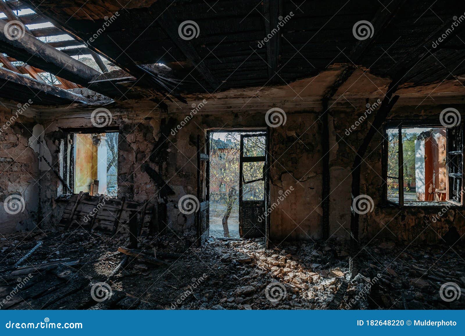 Burnt And Collapsed Old House Interior. Consequences Of Fire Royalty ...