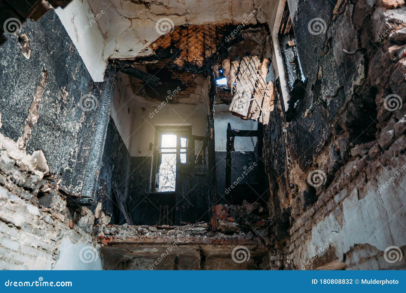 Burnt and Collapsed Old House Interior. Consequences of Fire Stock ...