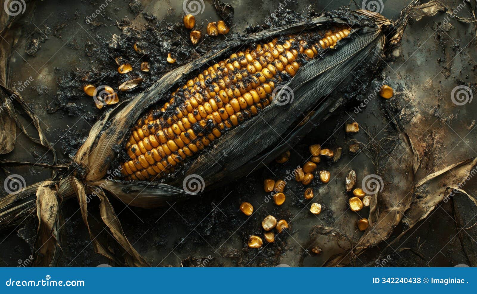 A Burnt Corncob with Scattered Kernels on a Dark Surface Stock ...