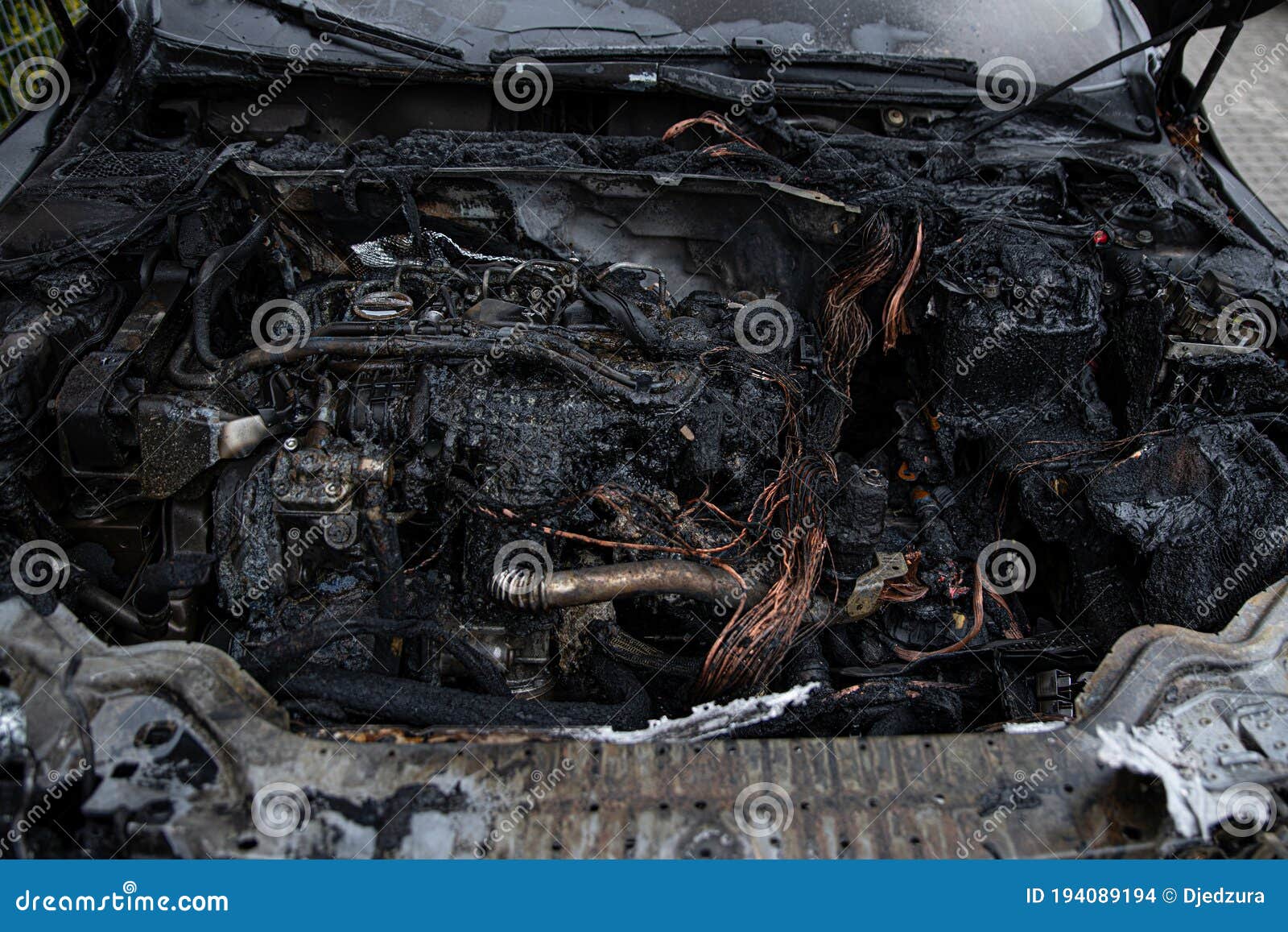 Burnt Destroyed Car Engine after Fire. Stock Photo - Image of accident ...