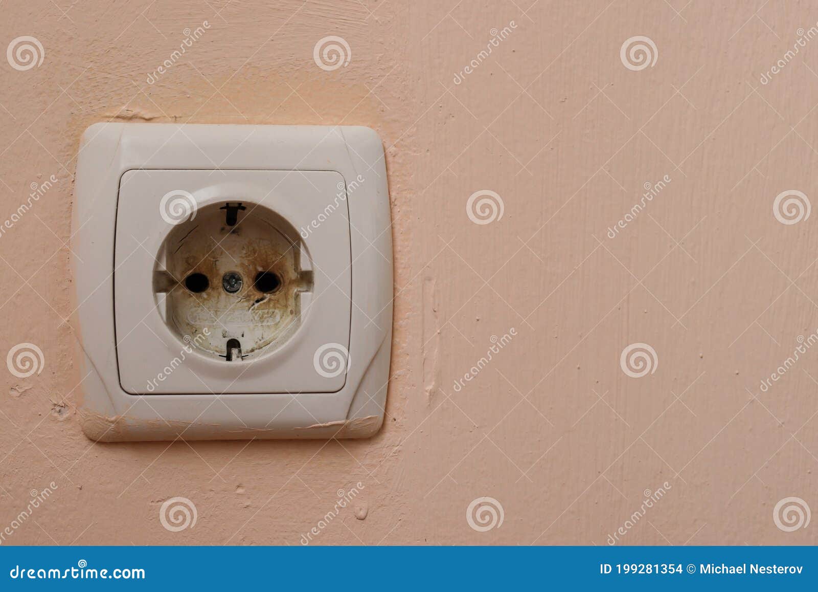 Burnt Dirty Socket in the Wall. Copy Space for Text Stock Photo - Image ...