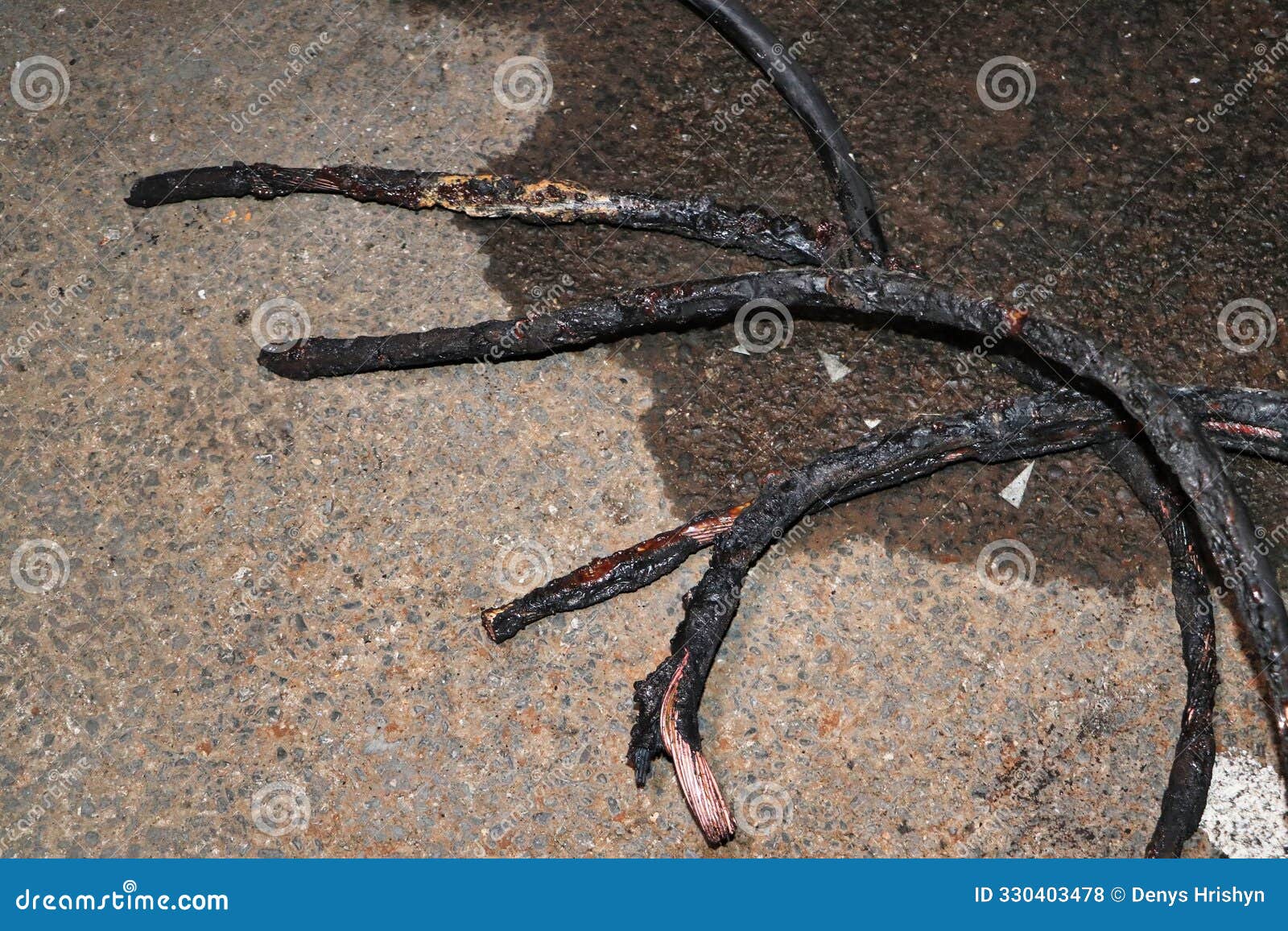 Burnt Wires On Wooden Floor, Closeup. Electrical Short Circuit Stock ...