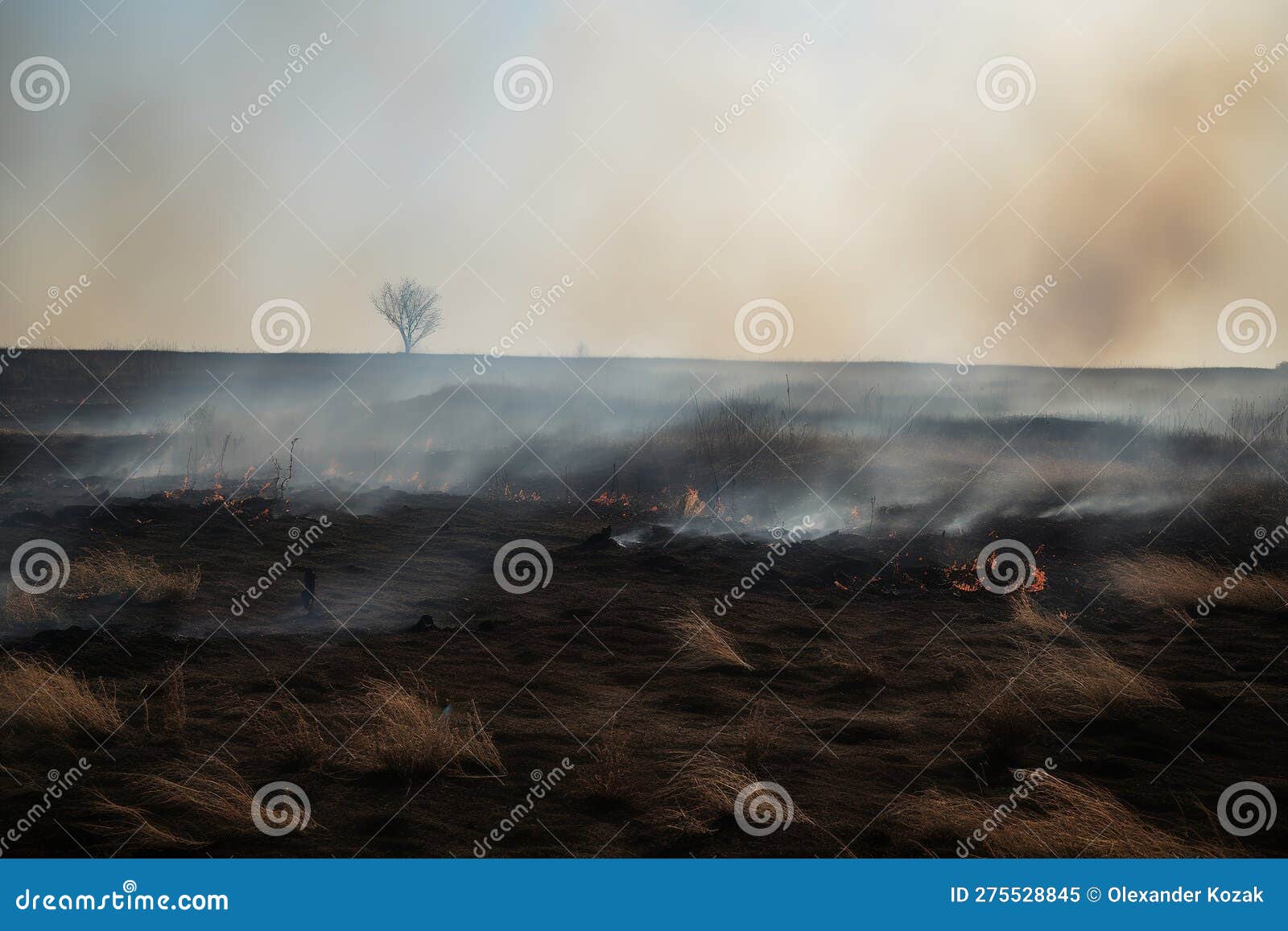 Burnt Field with Smoke. Dry Burning that Pollutes the Environment ...
