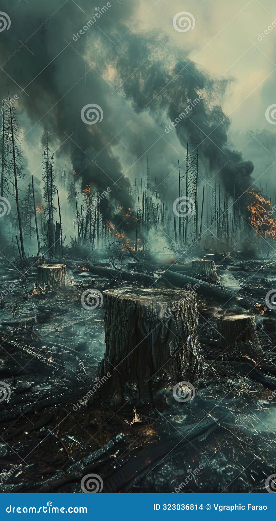 Burnt Forest Aftermath with Smoke and Tree Stumps, Environmental ...