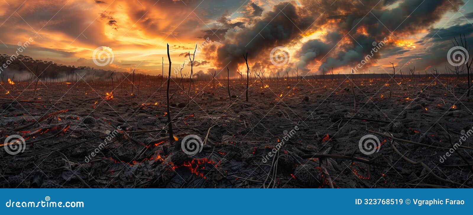 Burnt Forest Landscape at Sunset with Smoke and Embers, Environmental ...