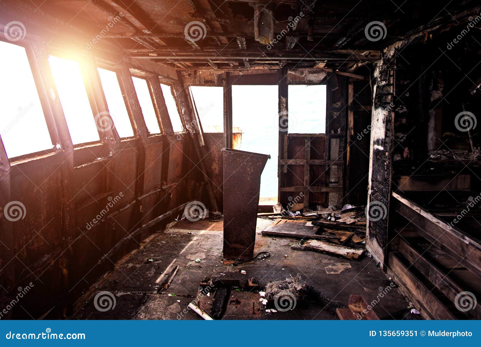 Burnt Interior of Ship Cabin. Stock Image - Image of arson, furniture ...