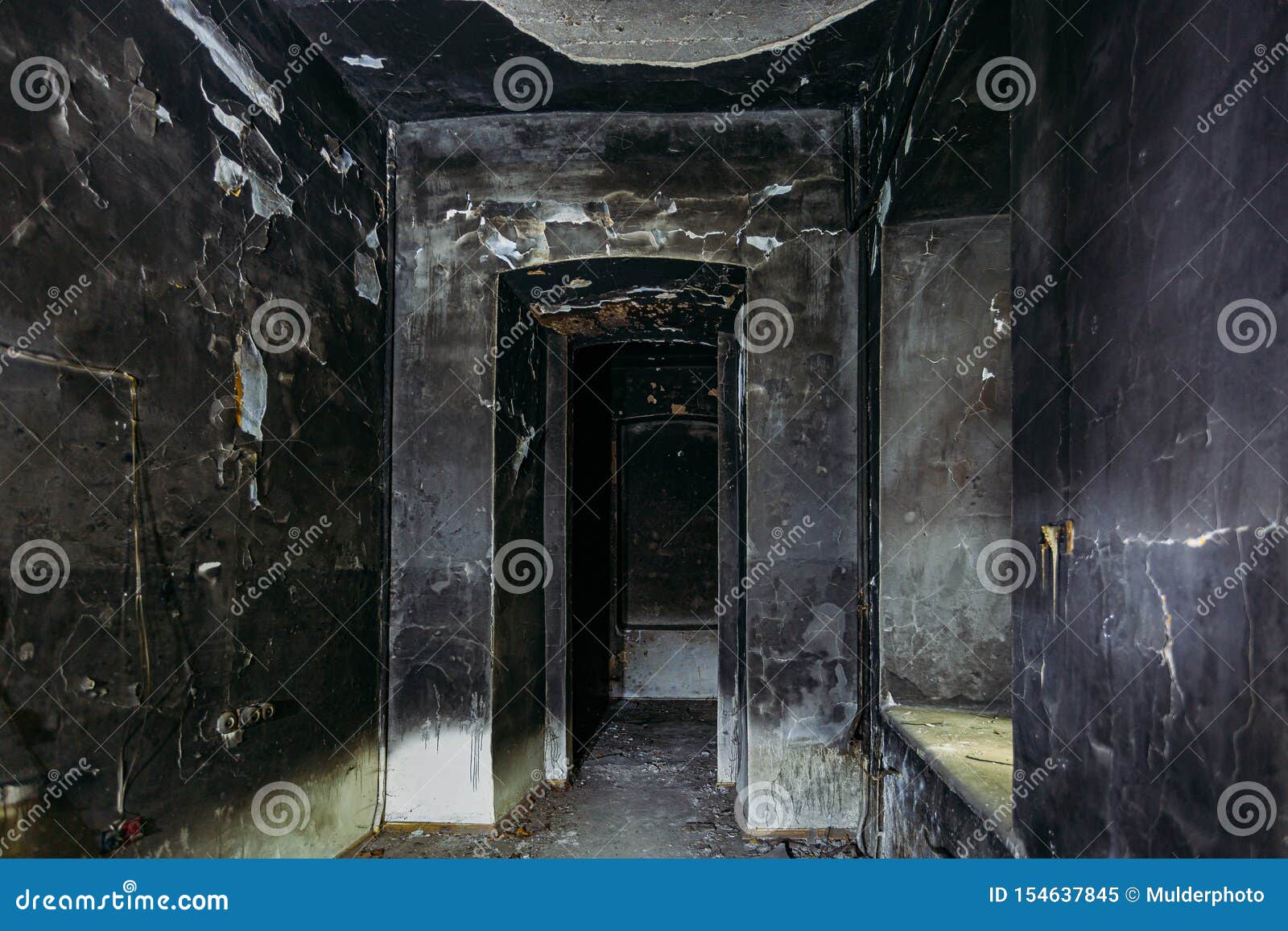 Burnt Mansion Interior after Fire. Walls in Black Soot Stock Image ...
